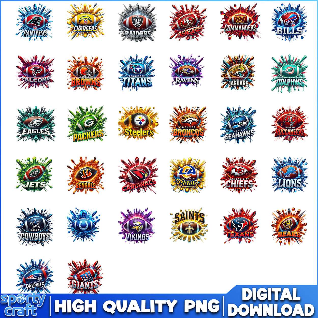 Splash Vintage NFL Team Logos Bundle PNG, NFL Football PNG, nfl team p ...